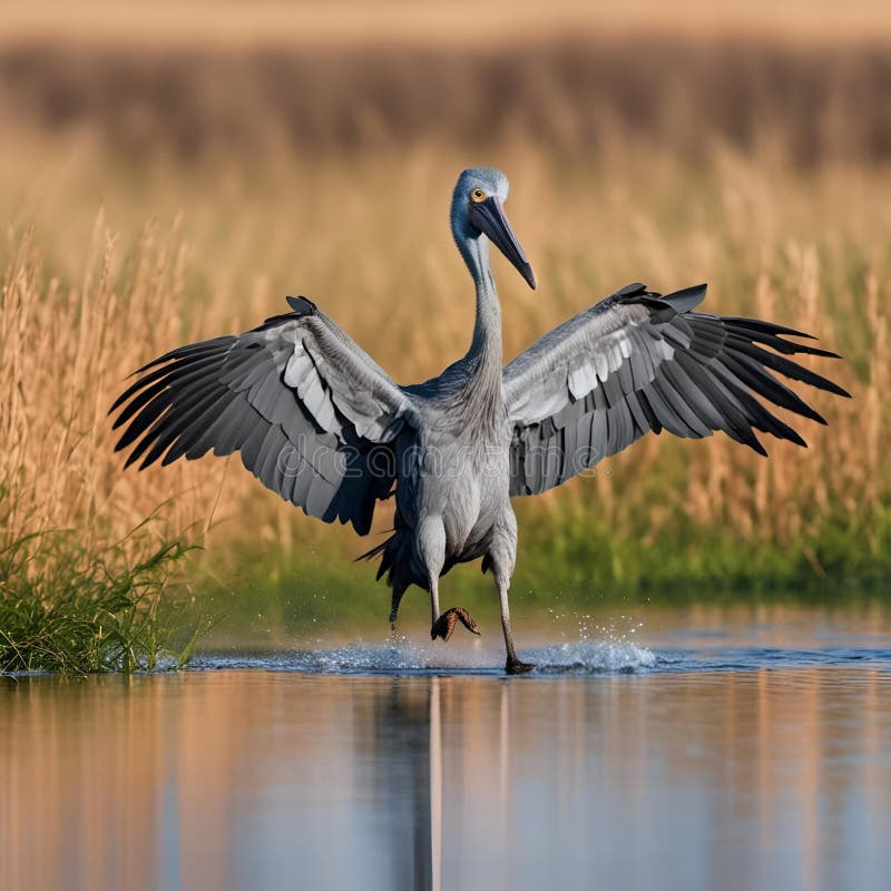 A Large Gray Bird Standing on Top of a Lake Next To Grass Stock ...
