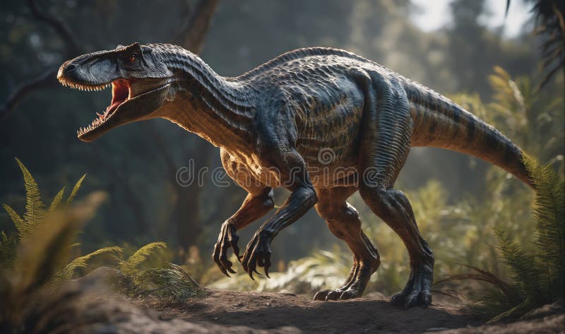 A Large, Gray Dinosaur with Sharp Teeth and Claws Walks through a Dense ...
