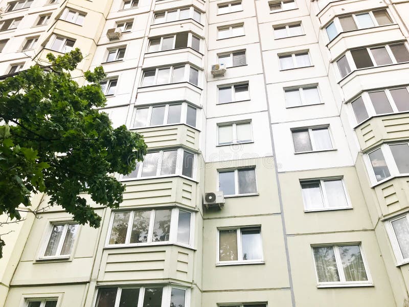 Large Gray Panel House with Windows and Balconies. Multi-storey ...