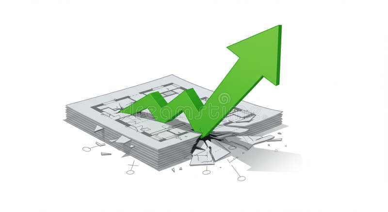 A Large Green Arrow is Breaking through a Stack of Technical Drawings ...