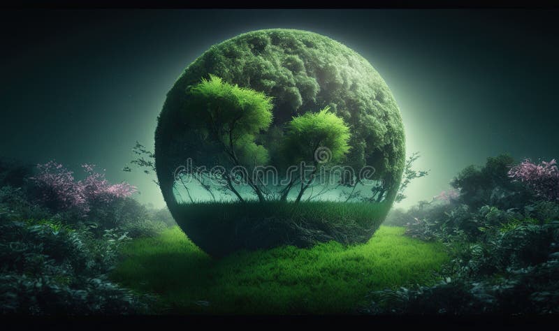 A Large Green Ball in the Middle of a Field with Trees Stock ...