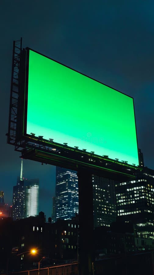 A Large Green Billboard in the Middle of a City at Night Stock Photo ...