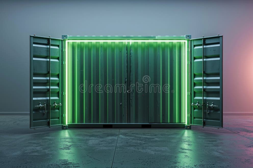 A Large Green Container with Neon Lights Inside Stock Image - Image of ...