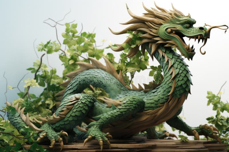 A Large Green Dragon Statue Sits Atop a Wooden Post, Ready for Display ...
