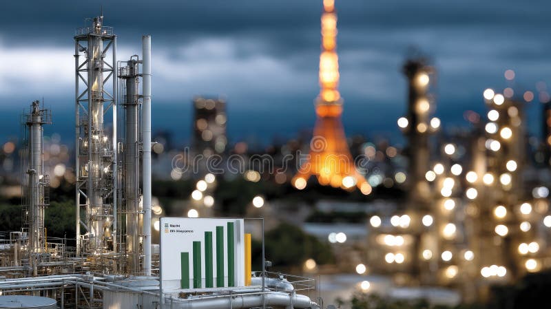 Large Green Graph Represents Data Trends Over an Industrial Landscape, Showcasing Technology and ...