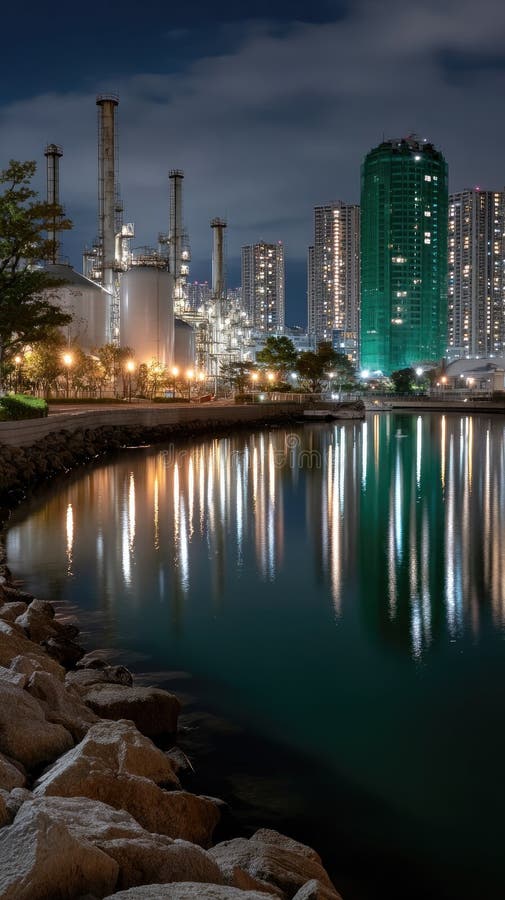 Large Green Graph Represents Data Trends Over an Industrial Landscape, Showcasing Technology and ...