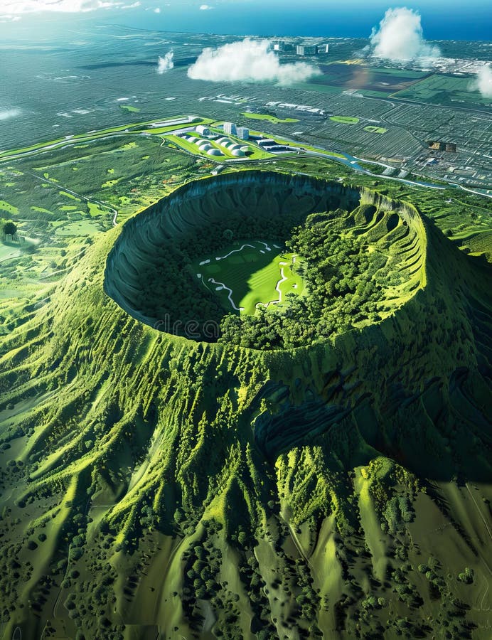 A Large Green Hill with a Small Lake in the Middle Stock Photo - Image ...