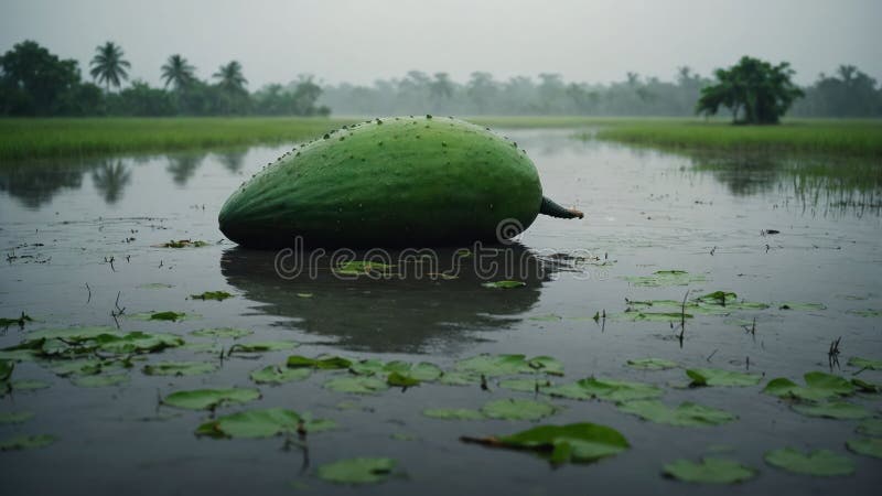 Giant Green Papaya Floating on Calm Water after Rain Stock Illustration ...