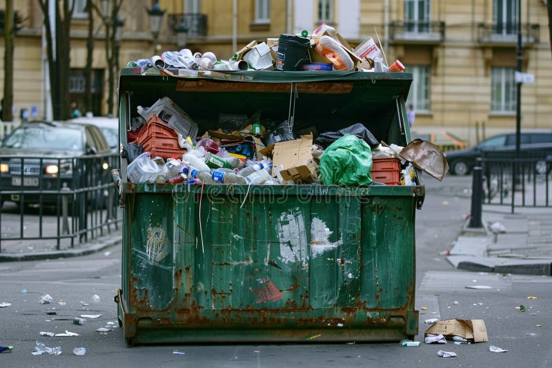 A Large Green Open Dumpster Filled with Assorted Trash Located in an ...