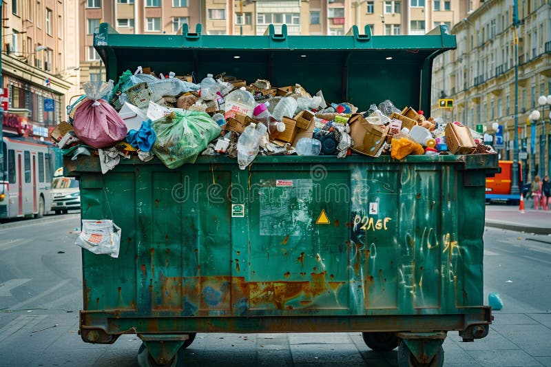 A Large Green Open Dumpster Filled with Assorted Trash Located in an ...