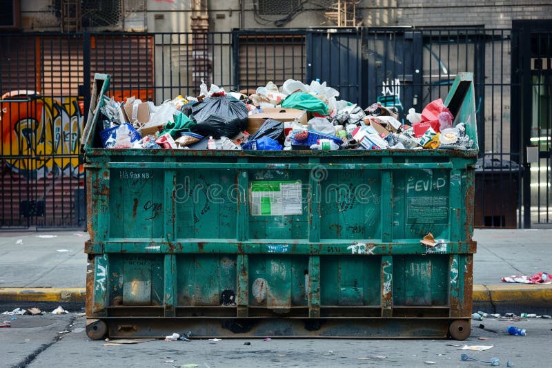 A Large Green Open Dumpster Filled with Assorted Trash Located in an ...