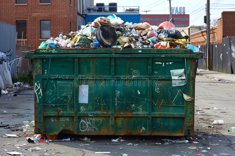 A Large Green Open Dumpster Filled with Assorted Trash Located in an ...