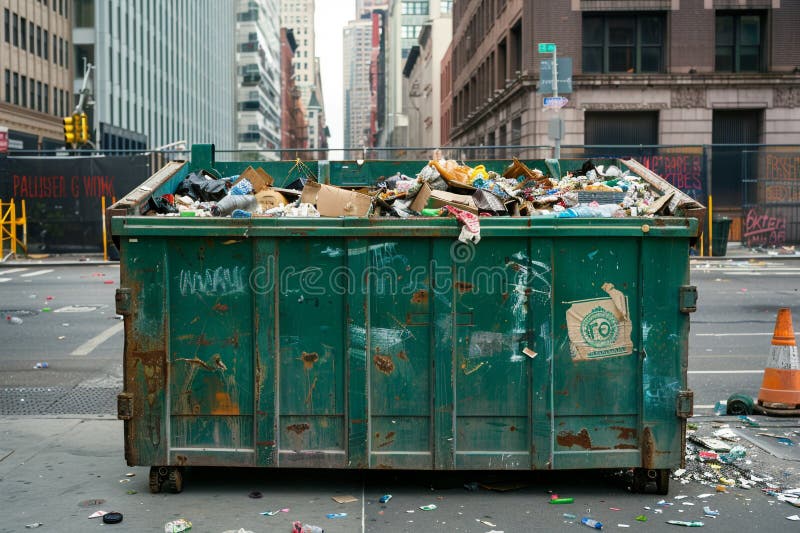 A Large Green Open Dumpster Filled with Assorted Trash Located in an ...