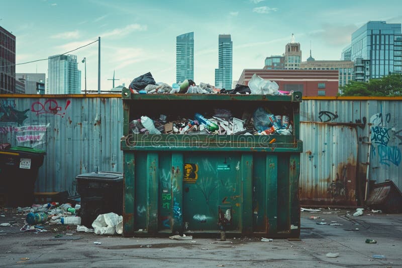 A Large Green Open Dumpster Filled with Assorted Trash Located in an ...