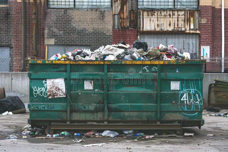 A Large Green Open Dumpster Filled with Assorted Trash Located in an ...