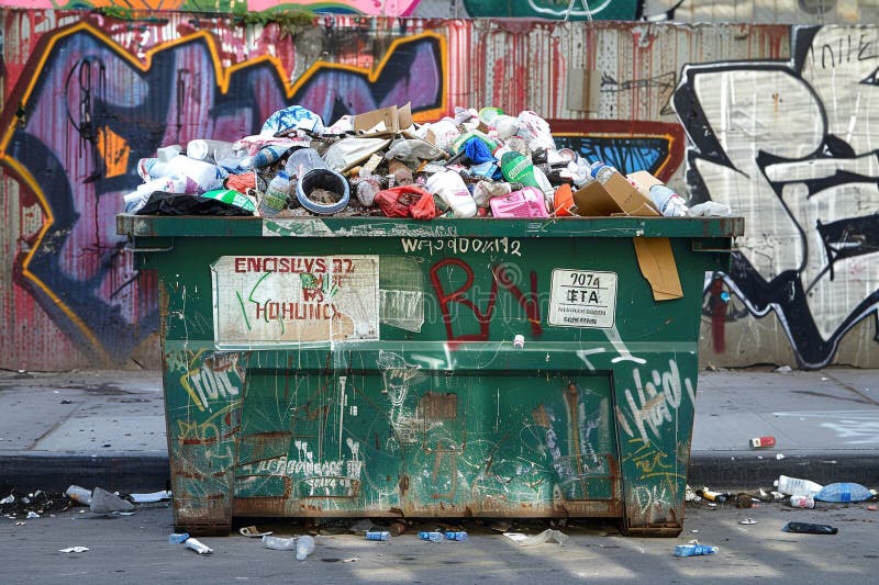 A Large Green Open Dumpster Filled with Assorted Trash Located in an ...