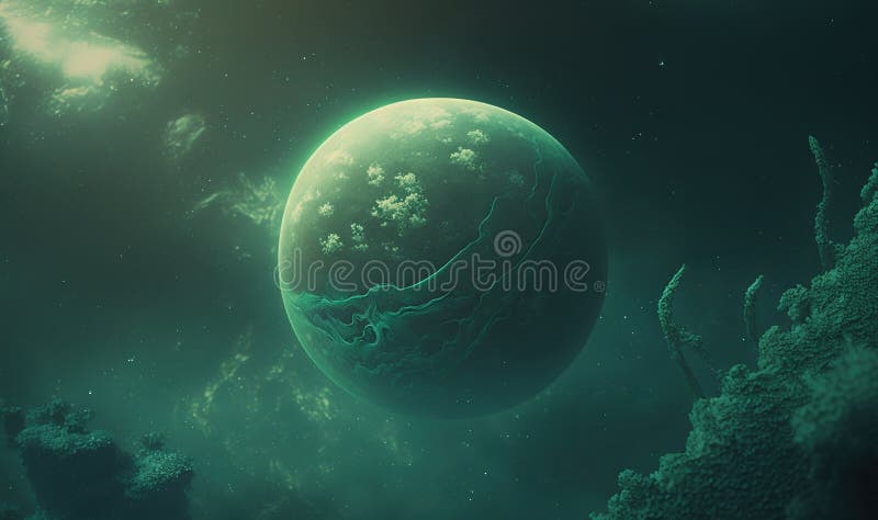 A Large Green Planet in the Middle of the Night Sky Stock Illustration ...