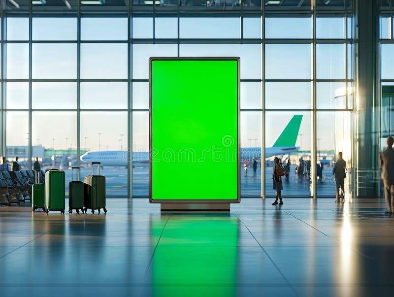A Large Green Screen in an Airport with People Walking Around Stock ...