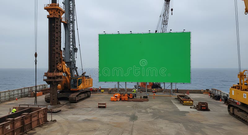 Offshore Construction Site with Large Green Screen Background and Heavy ...