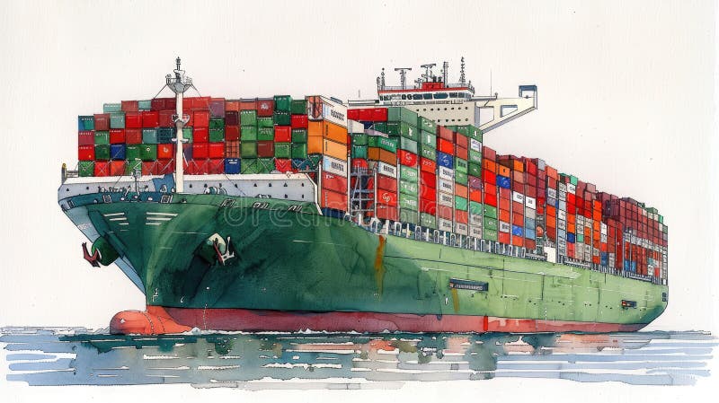 A Large Green Ship with Red and Green Containers on it Stock Photo ...