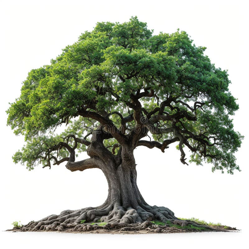 Large Green Tree with Exposed Roots Against a White Background Stock ...