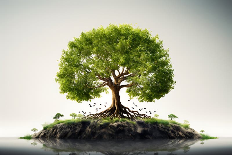 Large Tree with Roots on Small Island Stock Illustration - Illustration ...