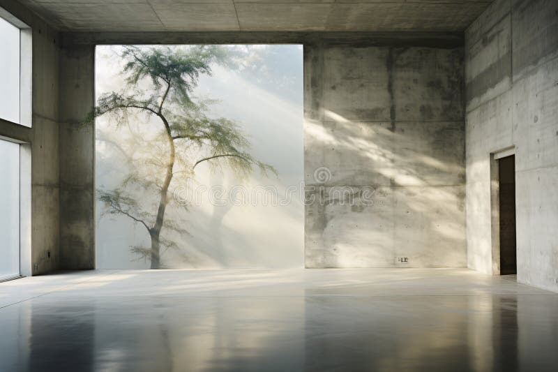 Large Green Tree Inside Modern Concrete Building with Sunlight ...