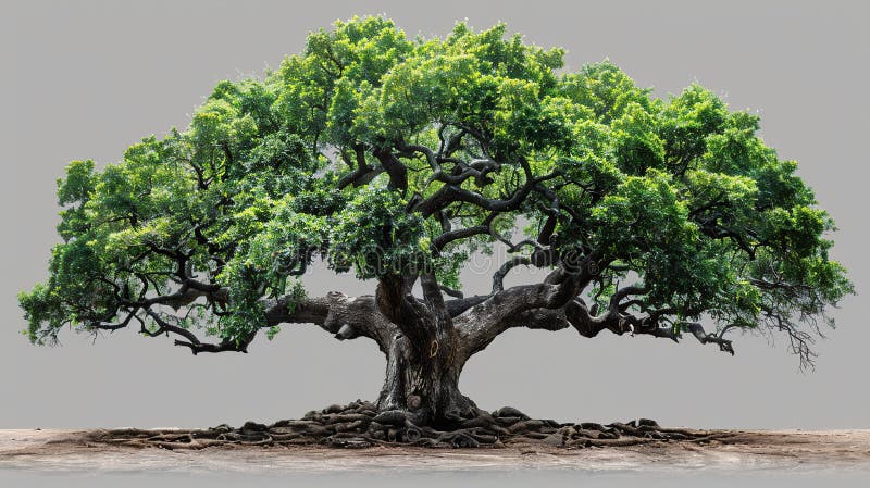 A Large, Green Tree with Thick Branches and Roots Against a White ...