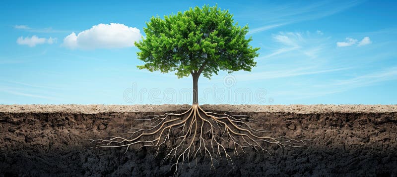 Large Green Tree with Visible Roots on Ground Against Clear Background ...