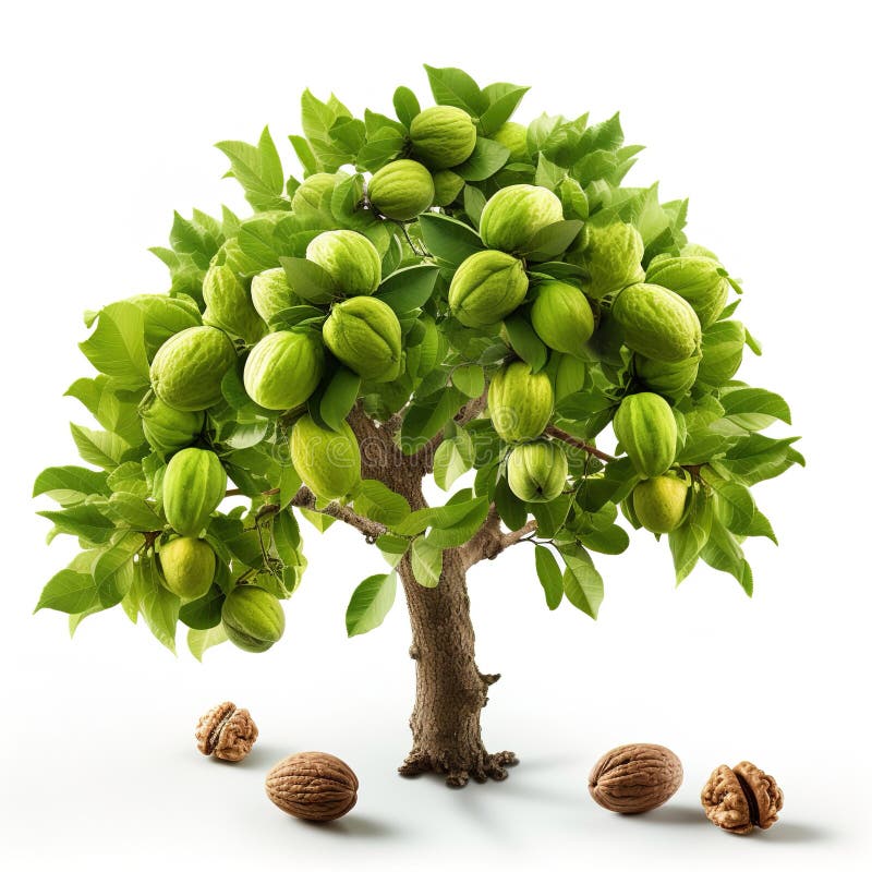 A Large Green Walnut Crown of a Tree with Walnuts Isolated on White ...