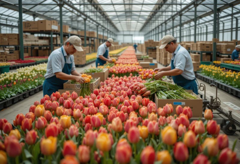 A Large Greenhouse with Rows of Bright Tulips. Workers in Hats and ...