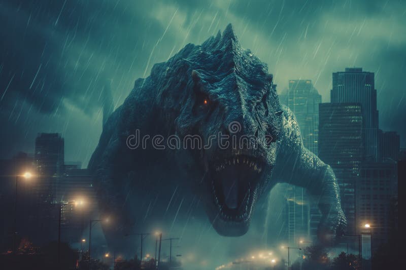 Large, Grey Dinosaur Walks through a Destroyed Cityscape. the Image is ...