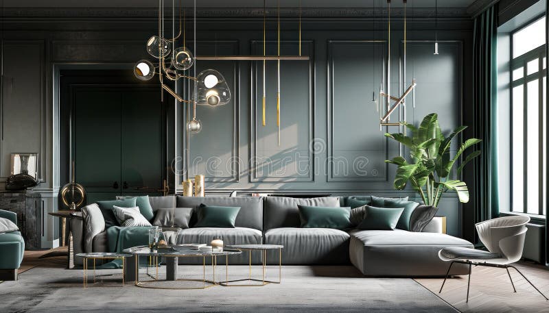 Large Grey Living Room with Grey Walls Stock Image - Image of home ...