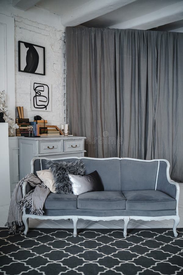 Large Grey Retro Sofa Quality Photo Stock Image - Image of bright, wall ...