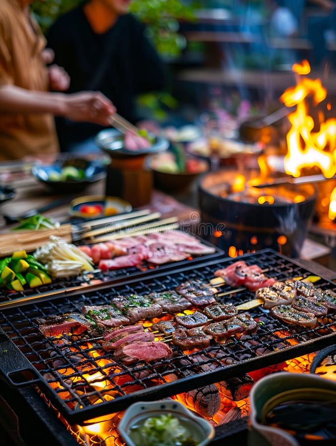 A Large Grill with Meat and Vegetables on it Stock Image - Image of ...