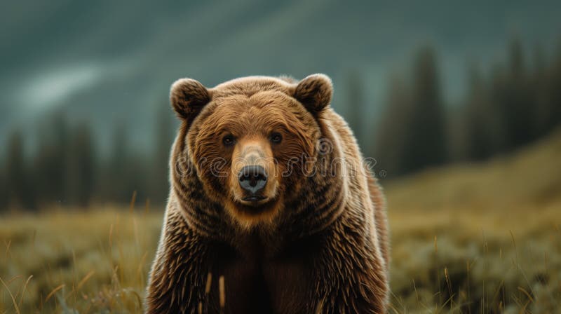 A Large Grizzly Bear Stands in a Grassy Field, Looking Directly at the ...