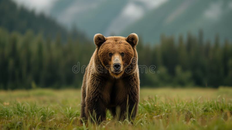 A Large Grizzly Bear Stands in a Grassy Field, Looking Directly at the ...