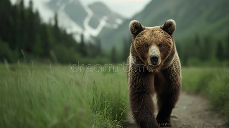 A Large Grizzly Bear Walks Along a Forest Path in Alaska Stock Photo ...