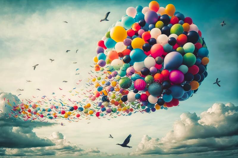 Large Group of Balloons Floating in the Air with Birds Flying Around ...