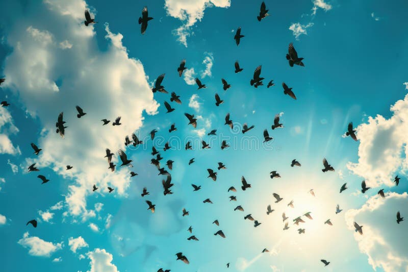 A Large Group of Birds Gracefully Flying through a Clear Blue Sky ...