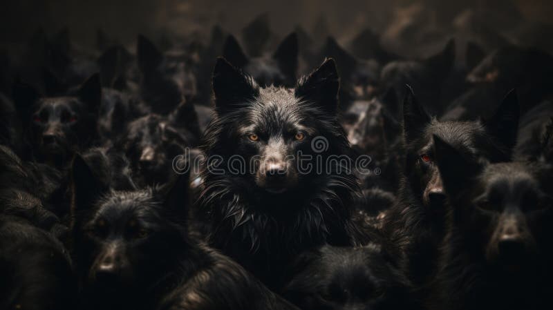 A Large Group of Black Dogs with Red Eyes in a Dark Room, AI Stock ...