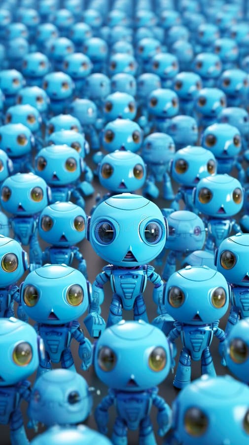 A Large Group of Blue Robots with Big Eyes. Generative AI Image. Stock ...