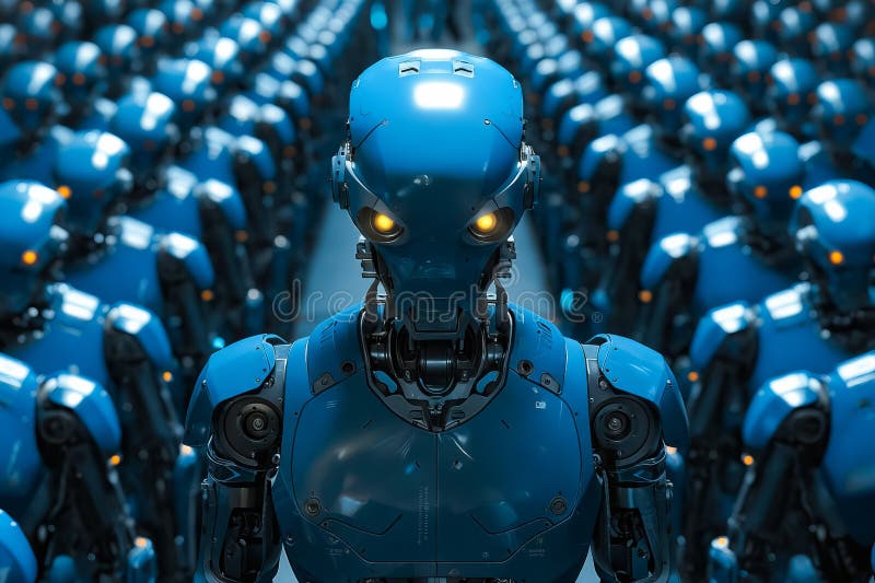 A Large Group of Blue Robots Standing in a Line Stock Photo - Image of ...