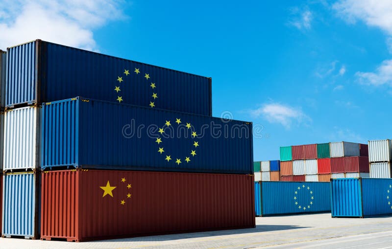 Group of Cargo Containers with European Union Flag and Chinese Flag at ...