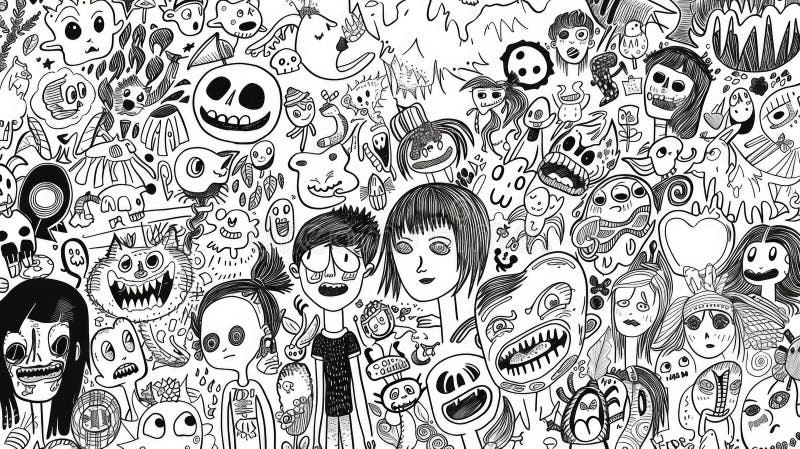A Large Group of Cartoon Characters in Black and White. Suitable for ...