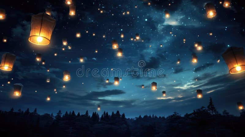 A Large Group of Chinese Flying Lanterns. Chinese Lanterns in the Night ...