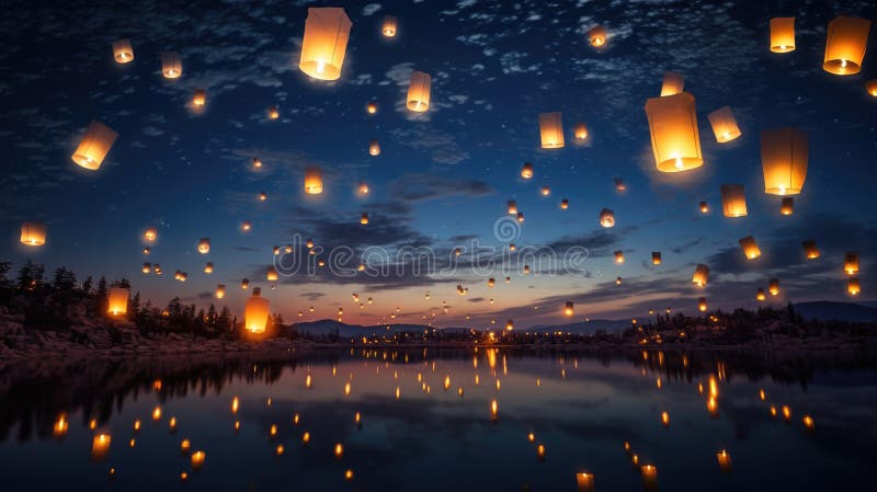 A Large Group of Chinese Flying Lanterns. Chinese Lanterns in the Night ...