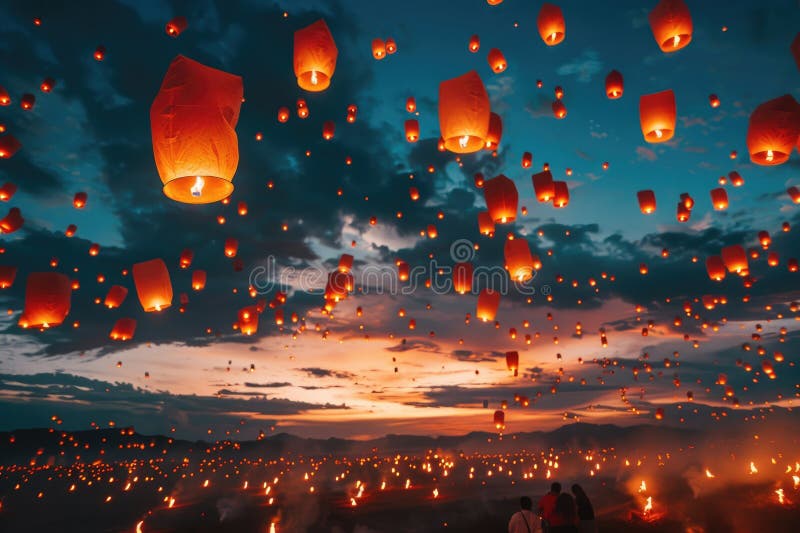 A Large Group of Chinese Flying Lanterns in Sky. Ai Generated Stock ...