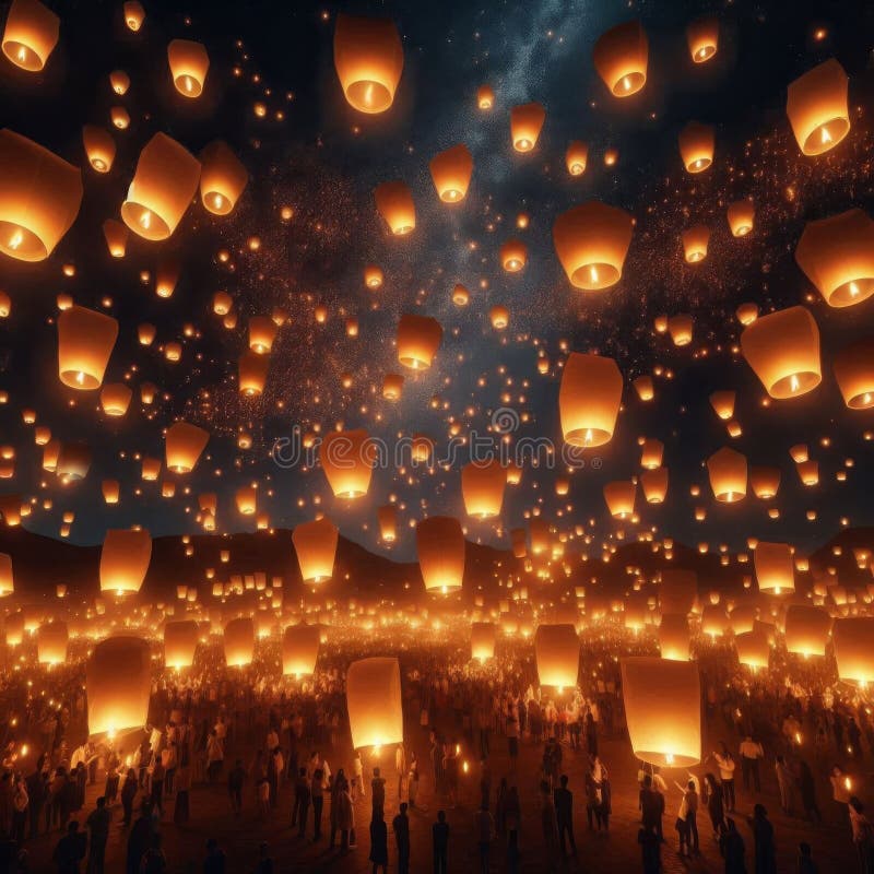 Large Group of Chinese Lanterns Floating in the Night Sky Stock ...