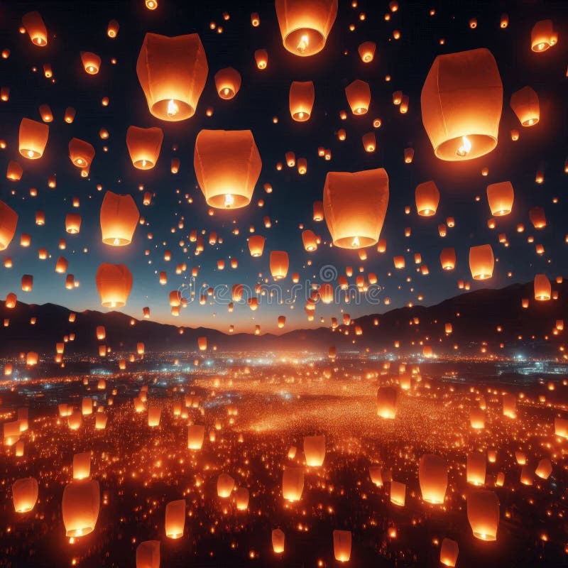Large Group of Chinese Lanterns Floating in the Night Sky Stock Illustration - Illustration of ...